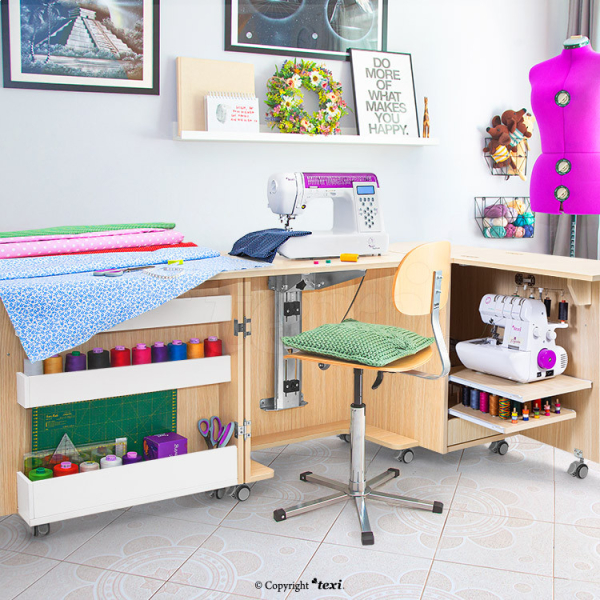 Meuble de couture TEXI SESAME DUO en chêne clair - Espace couture